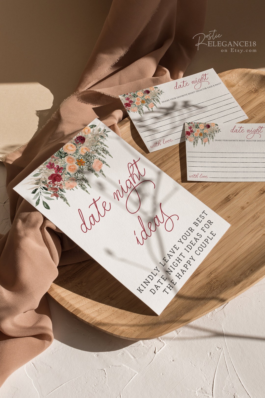 Rosey Boho Date Night Card Template | Bridal Shower Newlywed Date Night ...