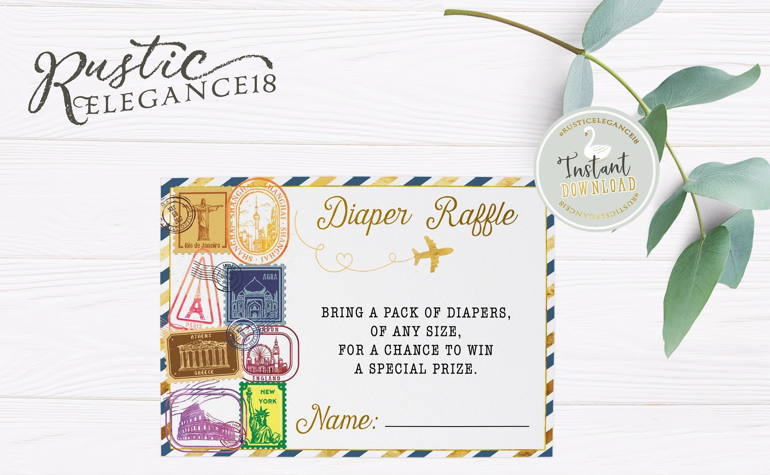 Diaper Raffle Travel Stamp Invite Design 2 • INSTANT DOWNLOAD ...
