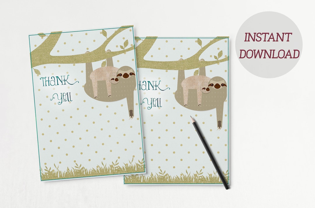 Instant Download Sloth Thank You Note Cards // Sloth Thank You ...
