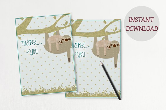 Instant Download Sloth Thank You Note Cards // Sloth Thank You | Etsy