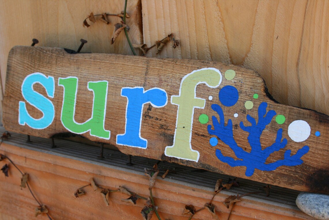 Surf Driftwood Sign With Blue Coral and Teal, Yellow, Green and Blue ...