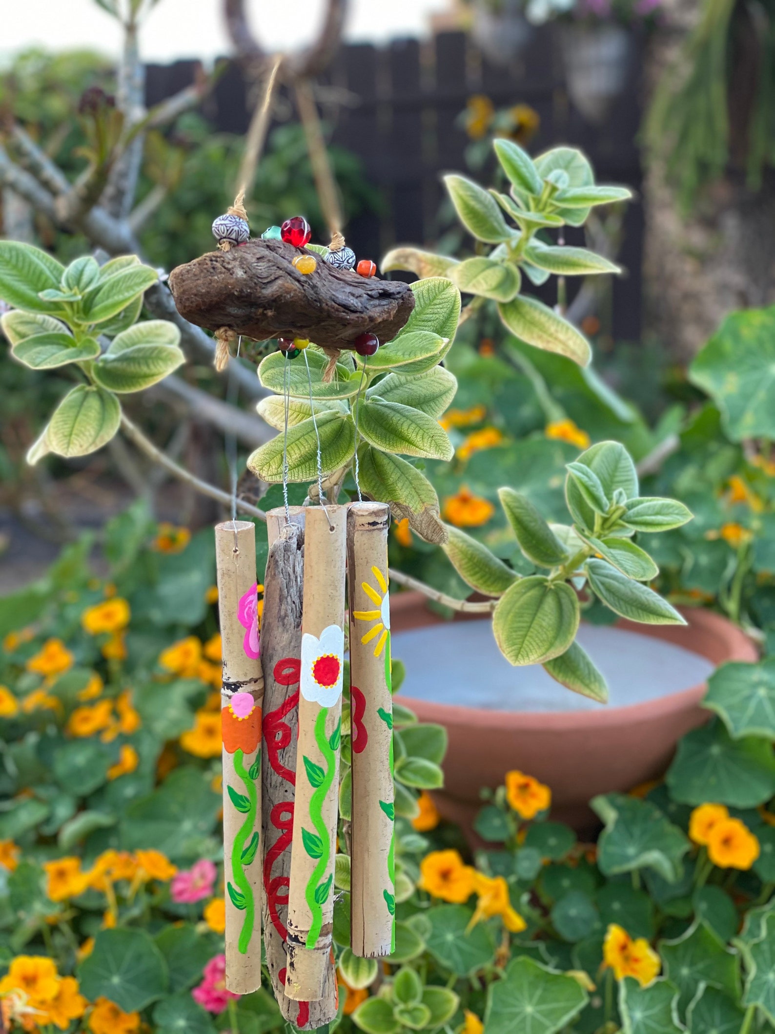 Flower Themed Driftwood Wind Chime With Bright Pink Orange - Etsy