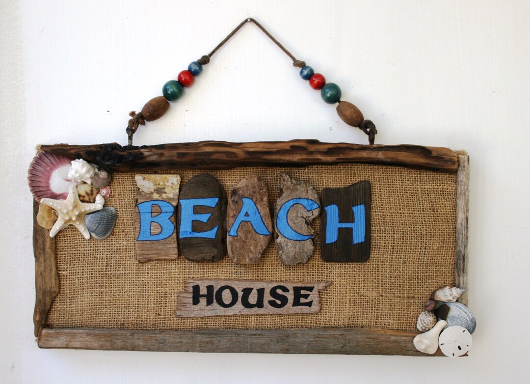 Beach House. Wall Decor With Burlap and Shells, Home Decor, Wood and ...