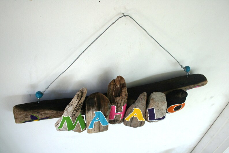 Hanging MAHALO Driftwood Sculpture With Yellow, Lime Green, Blue ...