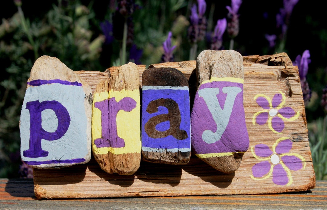 Purple& Yellow PRAY Driftwood Sculpture With Plumeria Themed Flowers ...