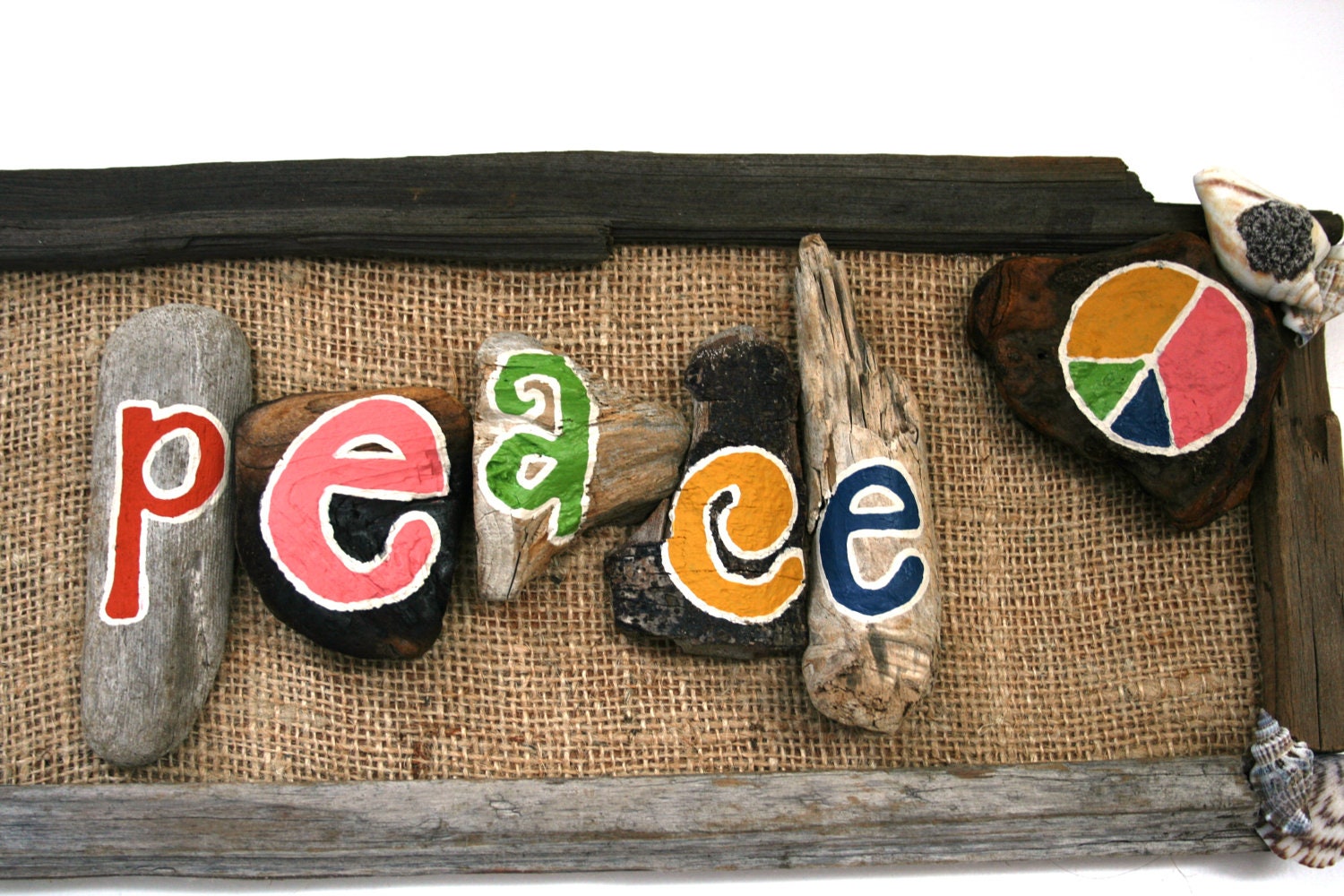 PEACE Driftwood & Burlap Hanging Sign With Shells (made to Order ...