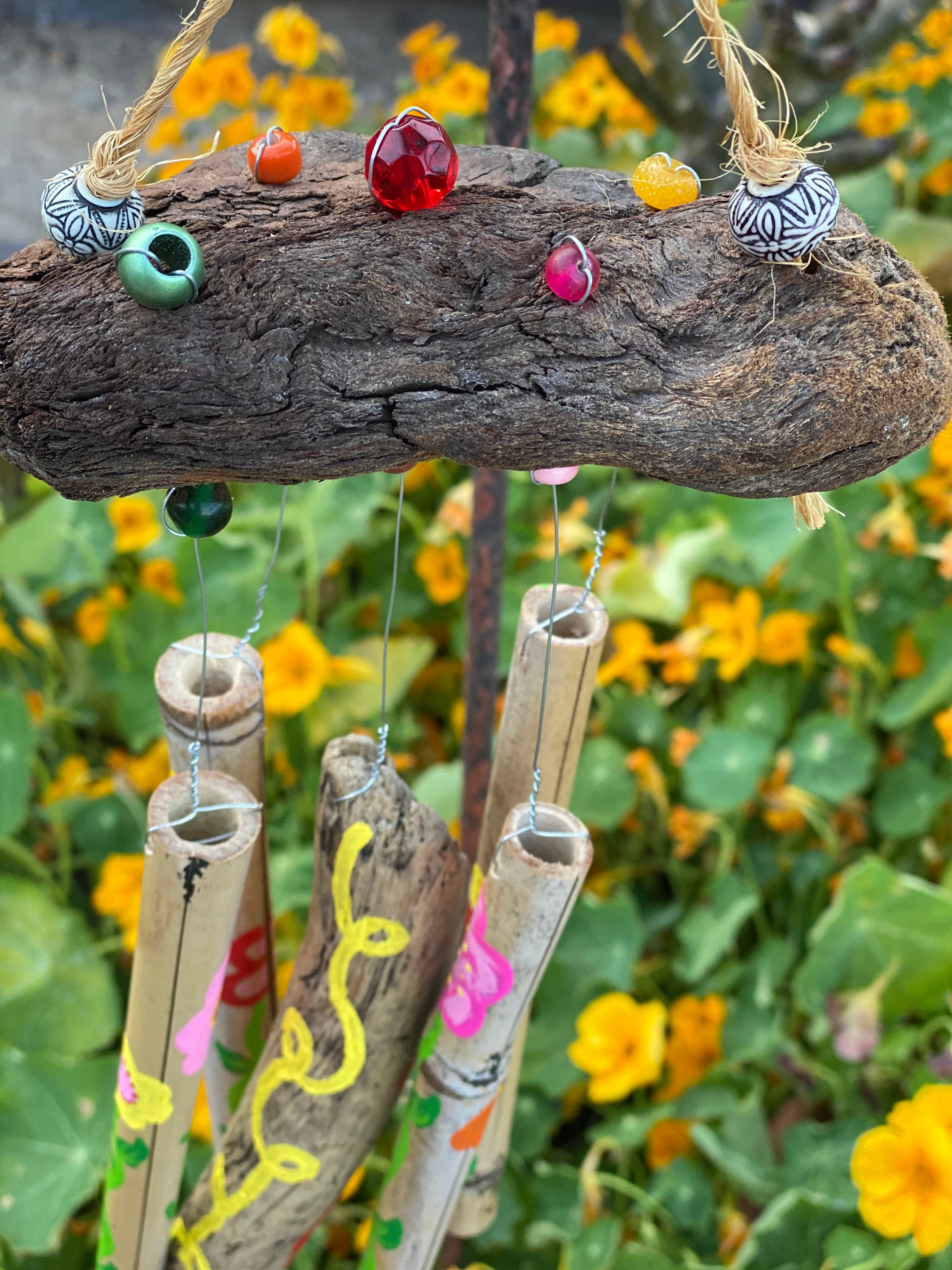 Flower Themed Driftwood Wind Chime With Bright Pink Orange | Etsy