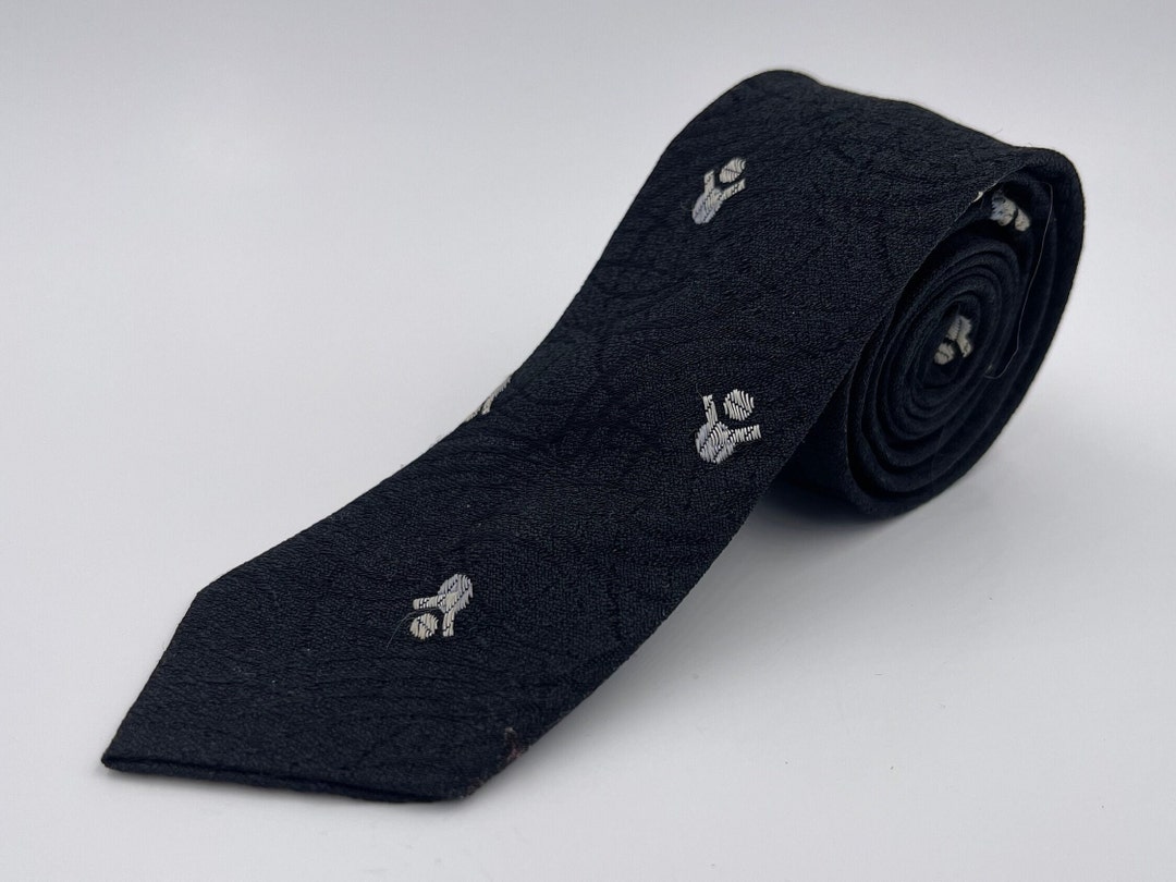 Vintage 1960s Skinny Black Acetate Rayon Tie With White Geometric Neats ...