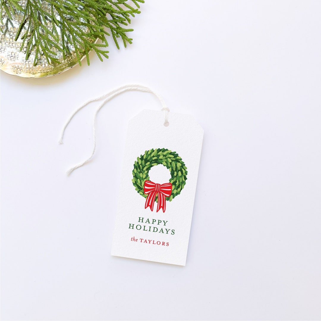 Happy Holidays Gift Tag With Wreath and Red Bow, Personalized Tags ...