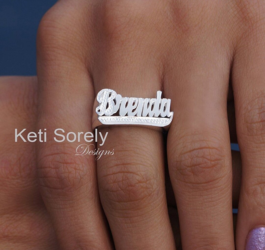 Personalized Name Ring With Diamond Beading Pattern, Sterling Silver ...