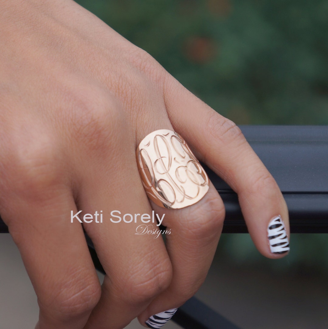 10K, 14K & 18K Solid Gold Hand Engraved Monogram Ring - Large Monogram ...