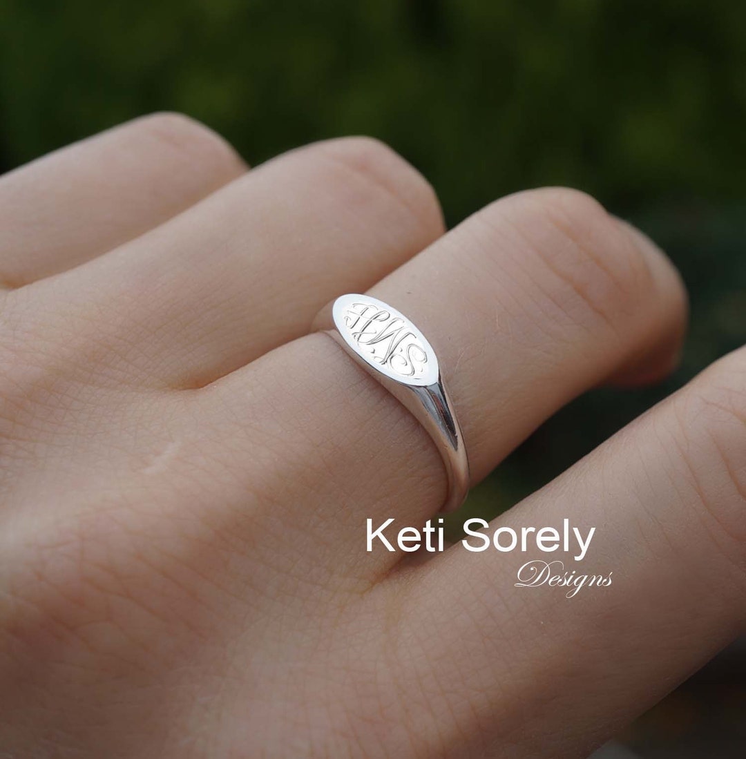 Dainty Signet Ring With Engraved Initials, Monogram Ring in 10K, 14K or ...