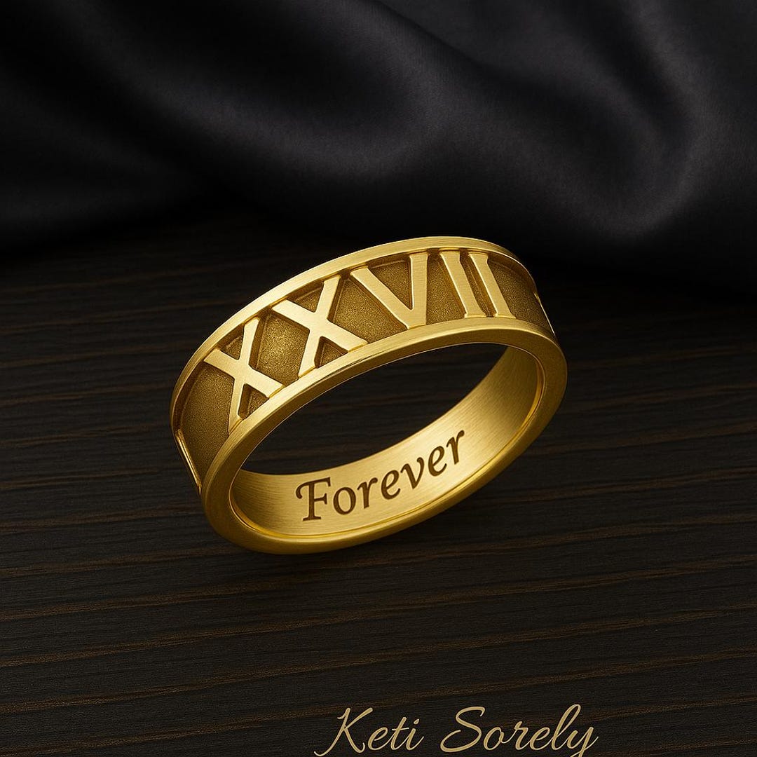 10K, 14K or 18K Solid Gold Roman Numerals Ring for Man or Woman, Mark ...