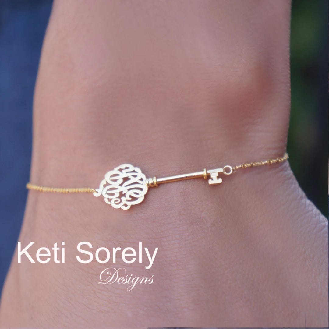 10K, 14K or 18K Solid Gold Sideways Key Bracelet With Monogram Initials ...