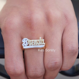 Personalized 2 Tone Name Ring With Diamond Beading (order Any Name ...