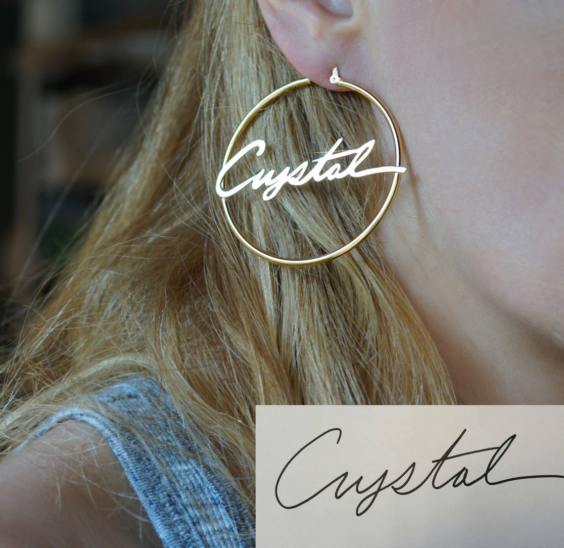Large Hoop Earrings With Your Handwriting Name or Word, Personalized ...