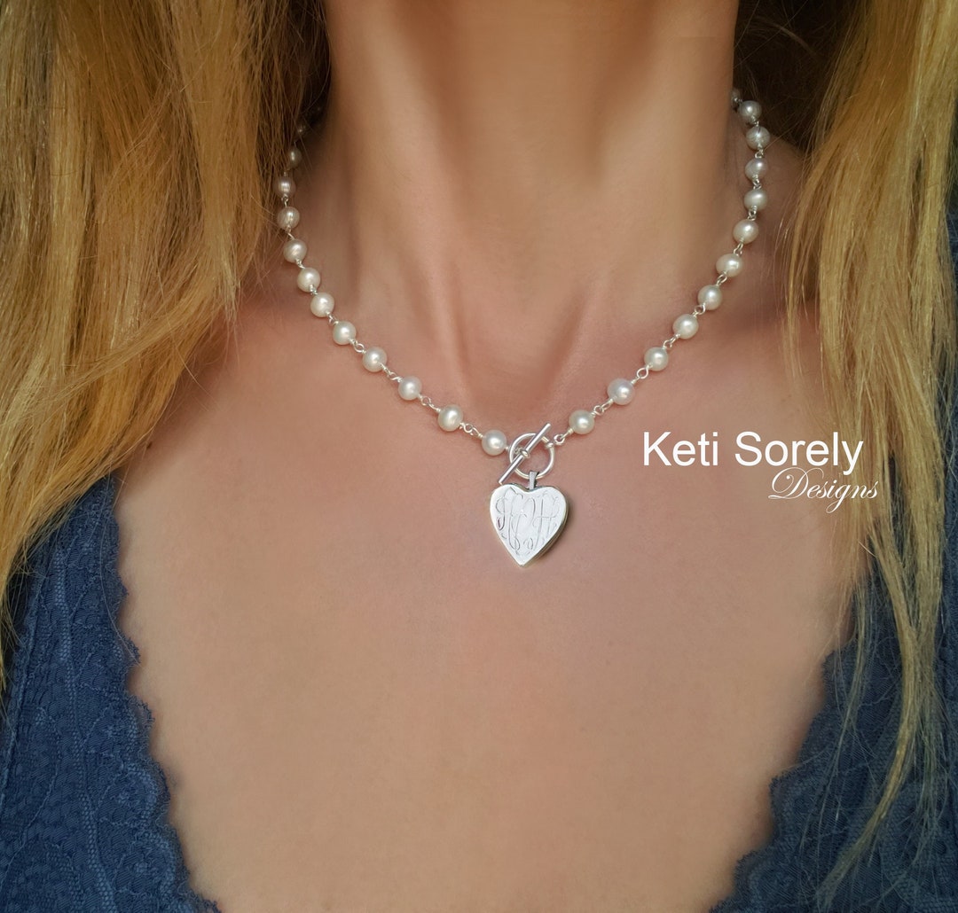 Hand Engraved Heart Locket With Natural Pearl Chain, Customize It With ...