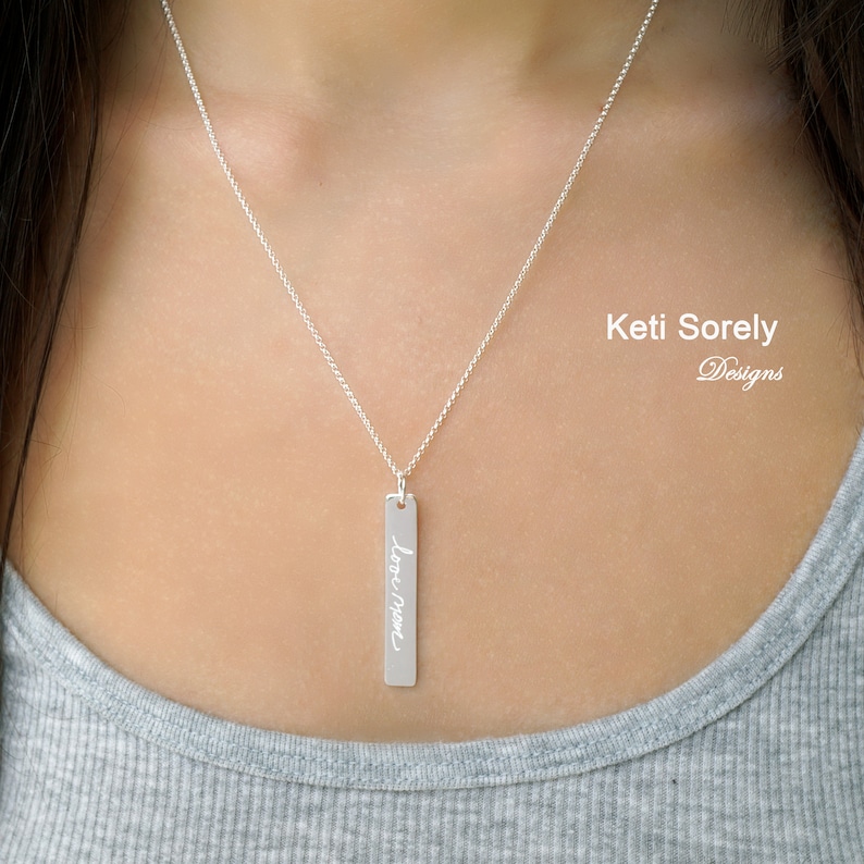 10K, 14K or 18K Gold Vertical Bar Pendant With Handwriting Message in ...