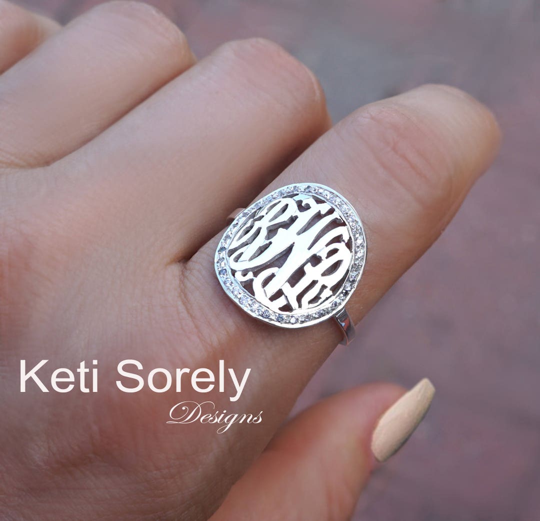 Monogram Initials Ring With CZ Stones or Diamonds in Sterling Silver ...