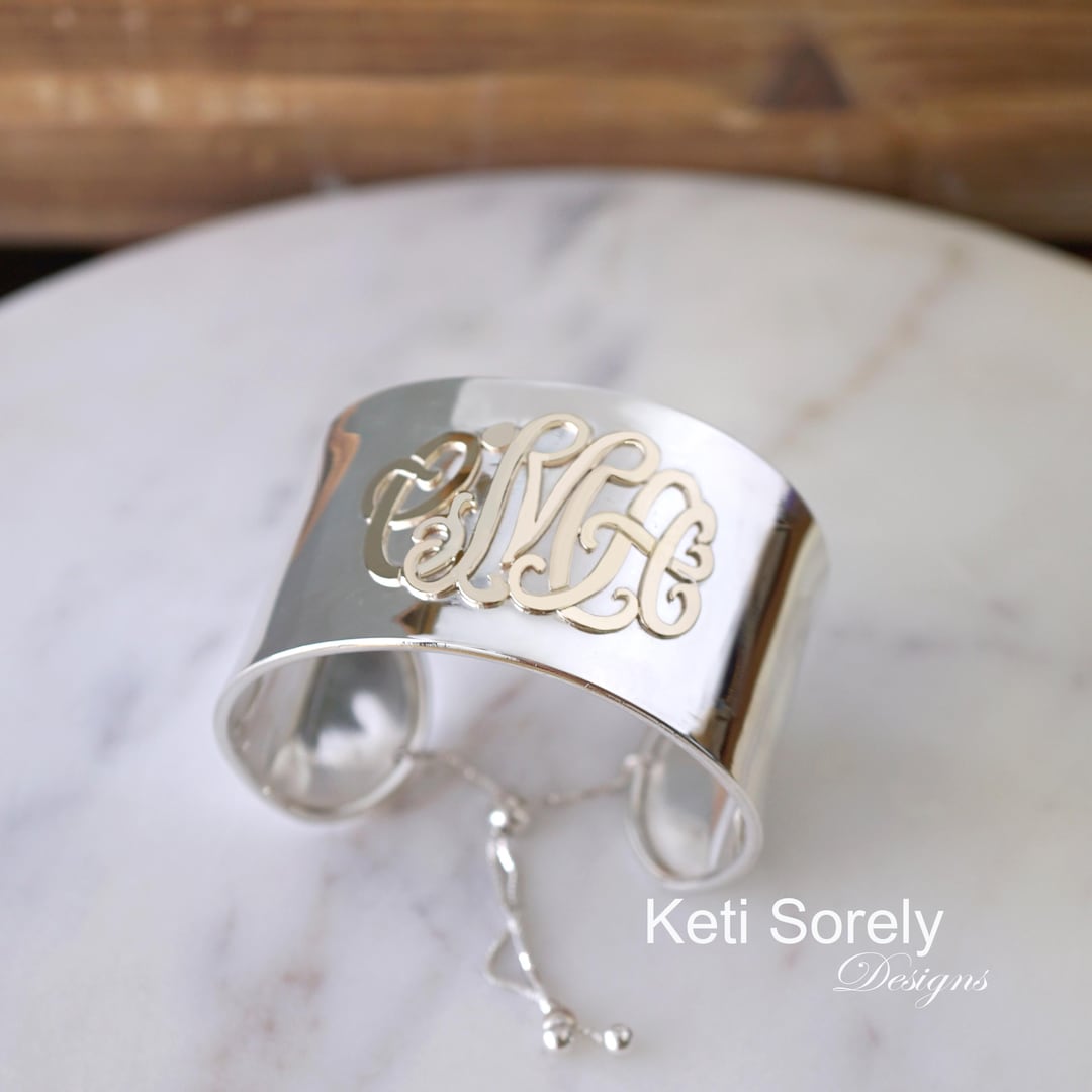 Sterling Silver & 14K Yellow Gold-filled Monogram Cuff Bangle With Bolo ...
