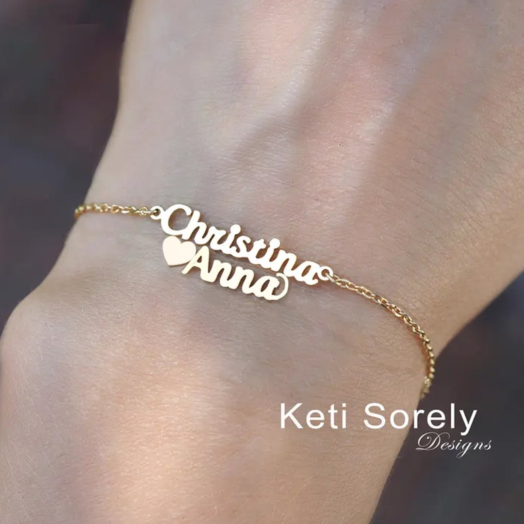 Solid Gold: 10K, 14K or 18K Double Names Bracelet or Anklet With Heart ...
