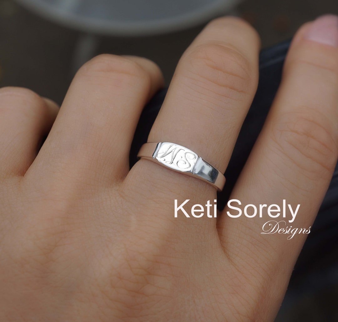 Mini Signet Ring With Engraved Script Initials, in 10K, 14K or 18K ...