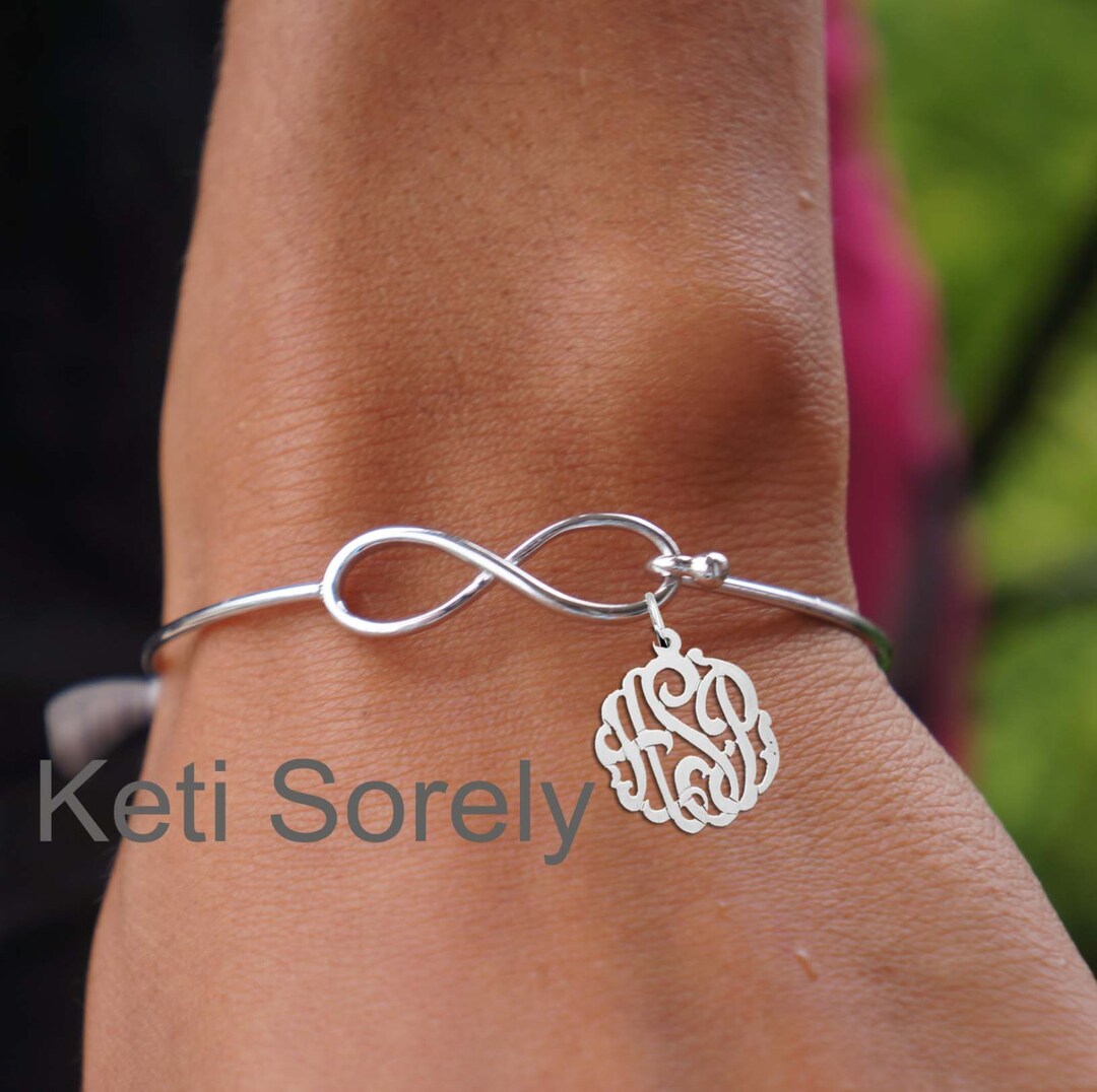 Infinity Bangle With Monogrammed Initials Charm in Sterling Silver ...