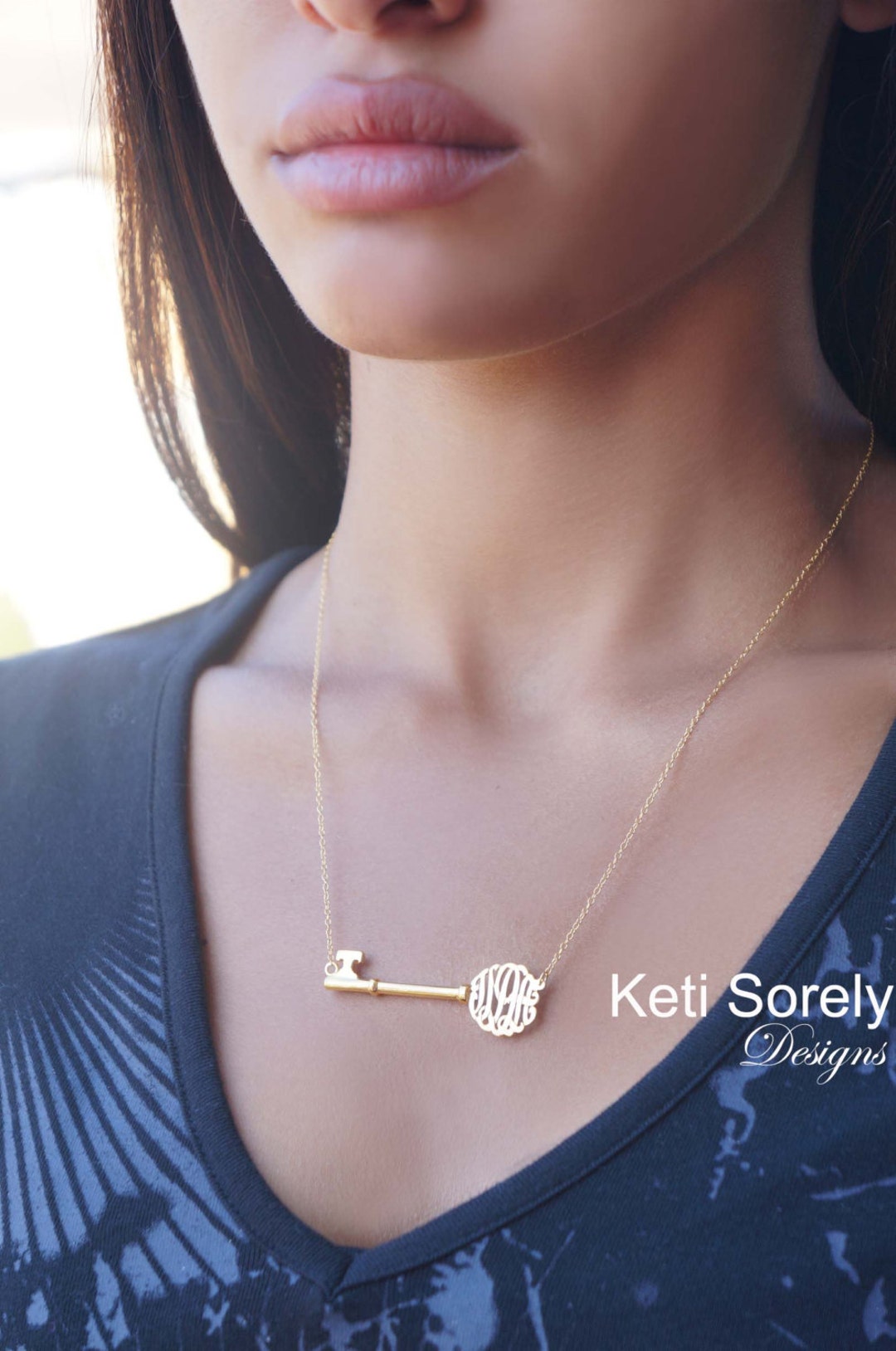 10K, 14K, 18K or Silver Sideways Key Necklace With Monogram Initials ...