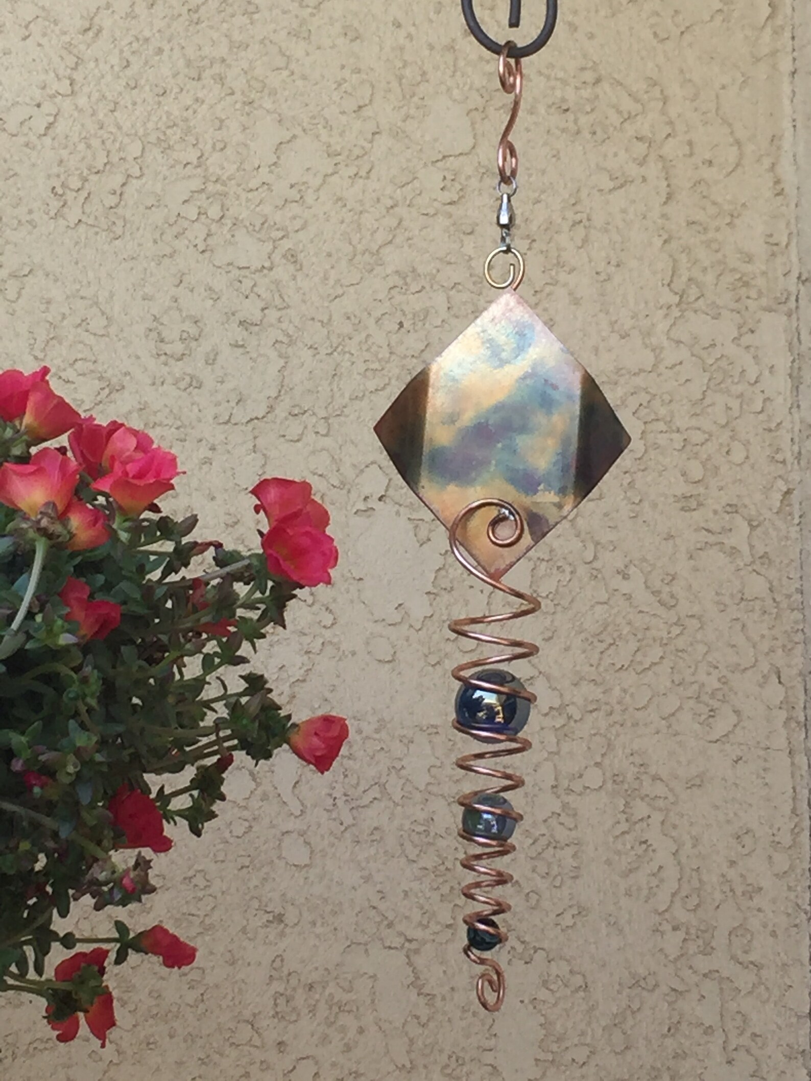 KINETIC ART HANDMADE Copper Wind Spinner 3 Marbles in Illusion Spiral ...