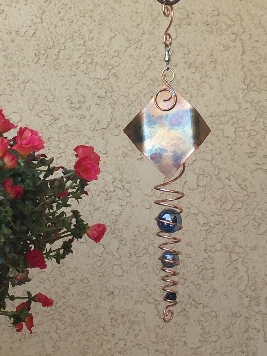 KINETIC ART HANDMADE Copper Wind Spinner 3 Marbles in Illusion Spiral ...