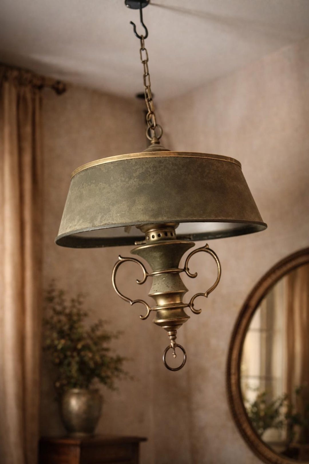 Vintage Patinated Metal Hanging Pendant Lamp | French Revival Scroll ...