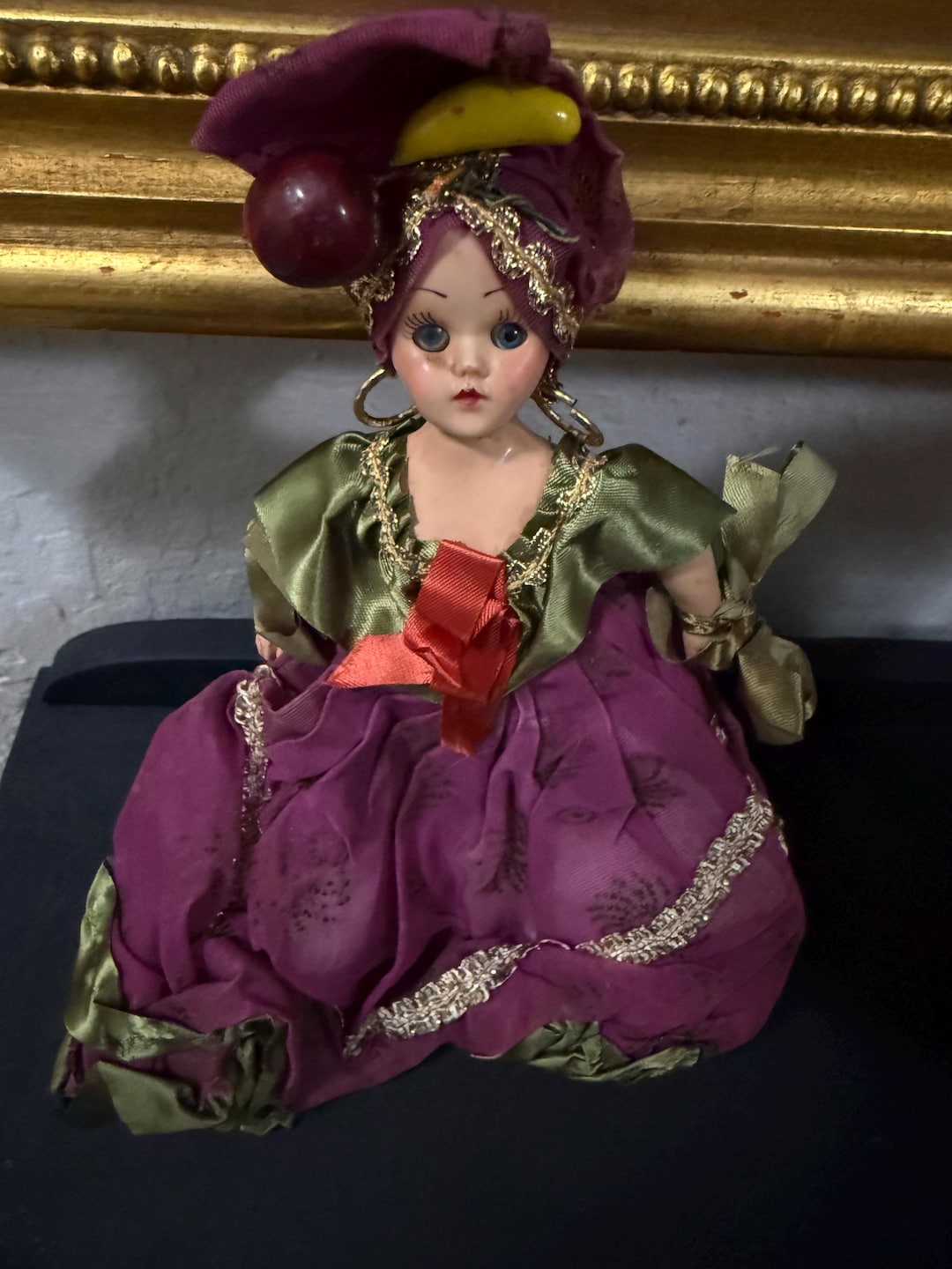 Rare Vintage Carmen Miranda Style Doll – Exotic Fruit Hat, Gold Hoops ...