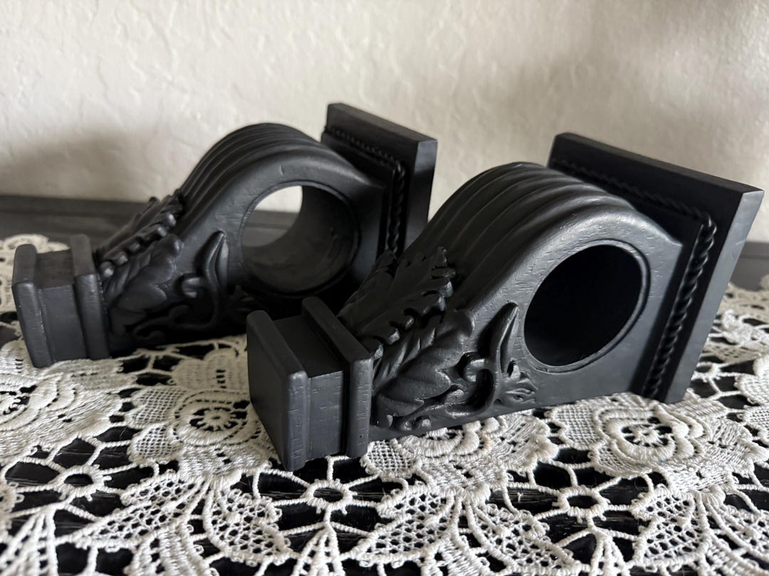 Set of 2 Ornate Black Wooden Curtain Rod Brackets – Gothic Revival ...