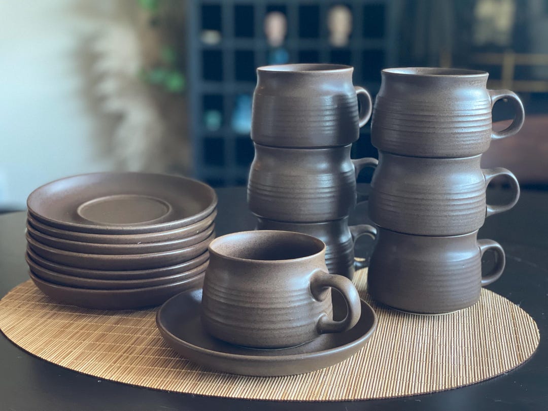 Vintage Denby Langley MAYFLOWER Cup and Saucer Set of 7 Brown Ribbed Banded Stoneware Mid ...