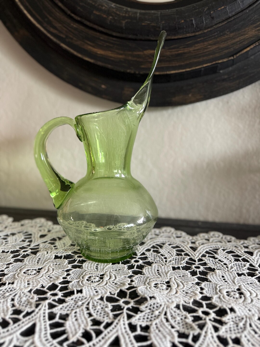 Rare MCM Handblown Bischoff Glass Pitcher Green Crackle Art Glass Mid ...