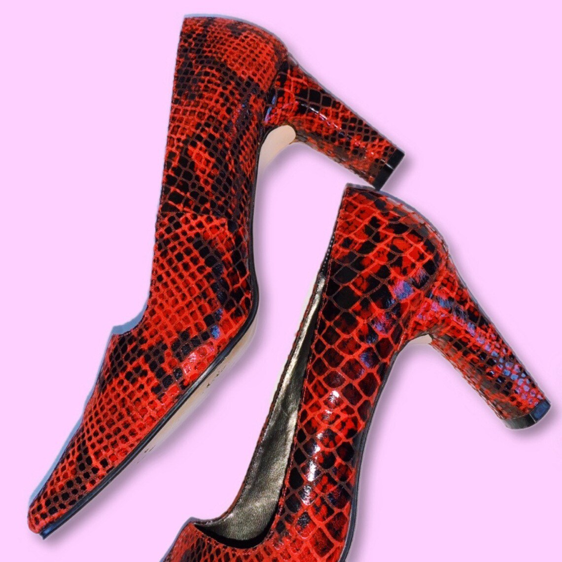 1990s ANN MARINO Red Faux Snake Skin Chunky Heels Size 6 - Etsy