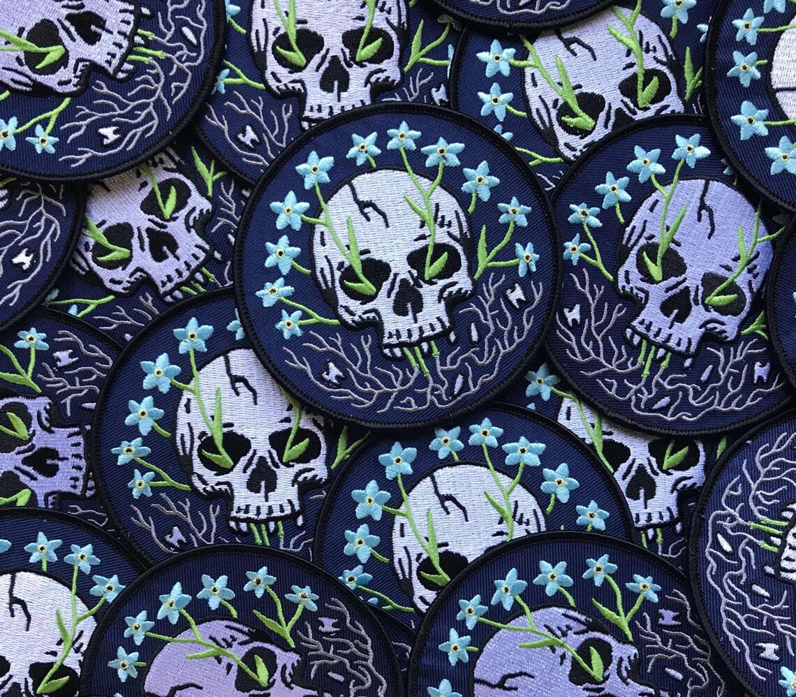Forget-me-not Embroidered Iron on Patch Skull With Flowers - Etsy
