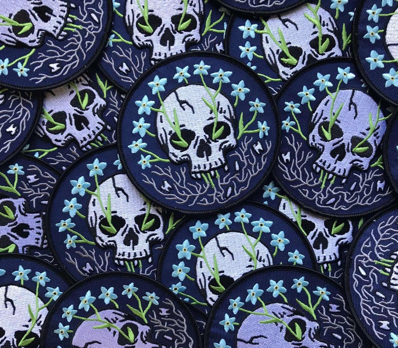 Forget-me-not Embroidered Iron on Patch Skull With Flowers - Etsy