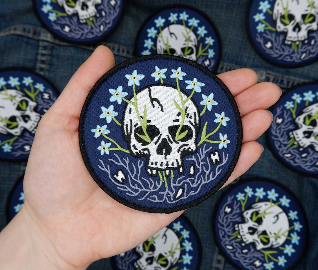 Forget Me Not Embroidered Iron on Patch - Memento Mori Skull Patch - Etsy