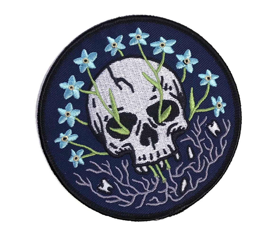 Forget-me-not Embroidered Iron on Patch Skull With Flowers - Etsy