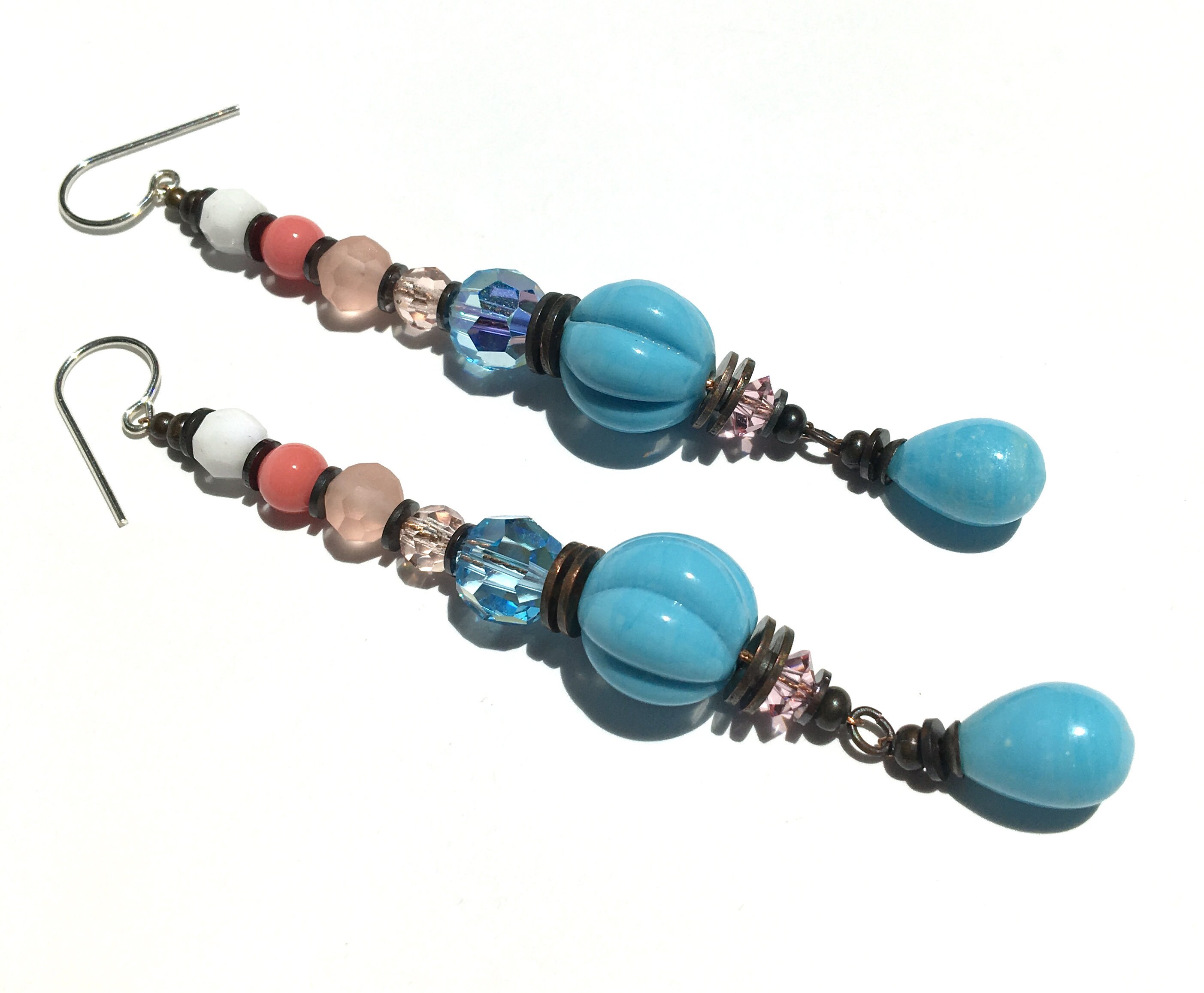 Turquoise Shoulder Dusters, Aqua and Pink Czech Glass and Austrian ...