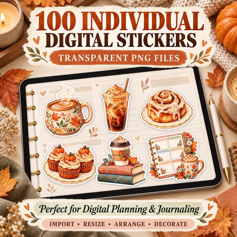 100 Pumpkin Spice Digital Stickers, Goodnotes Planner PNG Bundle, Fall ...