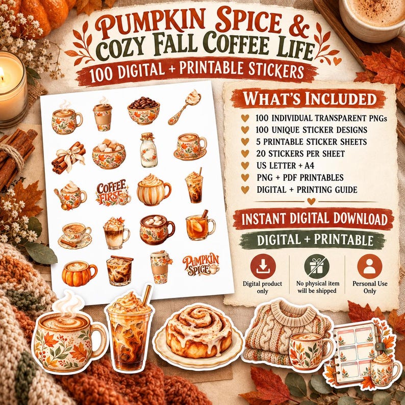 100 Pumpkin Spice Digital Stickers, Goodnotes Planner PNG Bundle, Fall ...