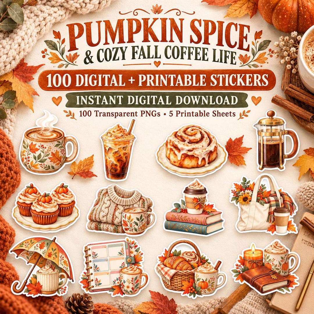 100 Pumpkin Spice Digital Stickers, Goodnotes Planner PNG Bundle, Fall ...