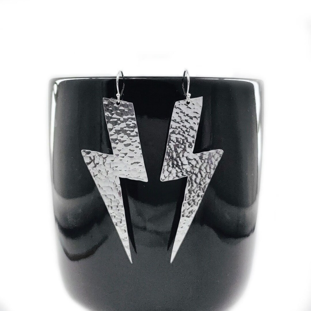 Handmade Large Lightning Bolt Silver Earrings, Hammered Lightning ...