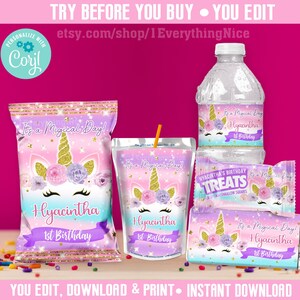 Magical Unicorn Theme Birthday Party Favors Wrappers and Labels Bundle ...
