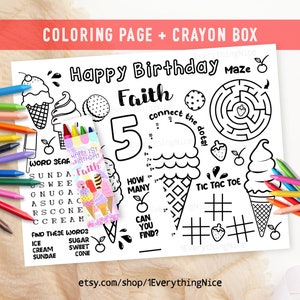 Ice Cream Summer Birthday Party Coloring Placemat, Activity Sheet Page ...
