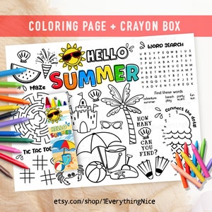 Hello Summer Coloring Placemat Activity Page With Crayon Box Fits 4 ...