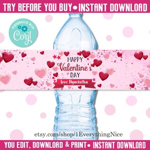 Editable DIGITAL DOWNLOAD Valentine Valentines Day Water Bottle Labels ...