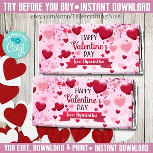 Editable DIGITAL DOWNLOAD Valentine Valentines Day Candy Bar Wrappers ...